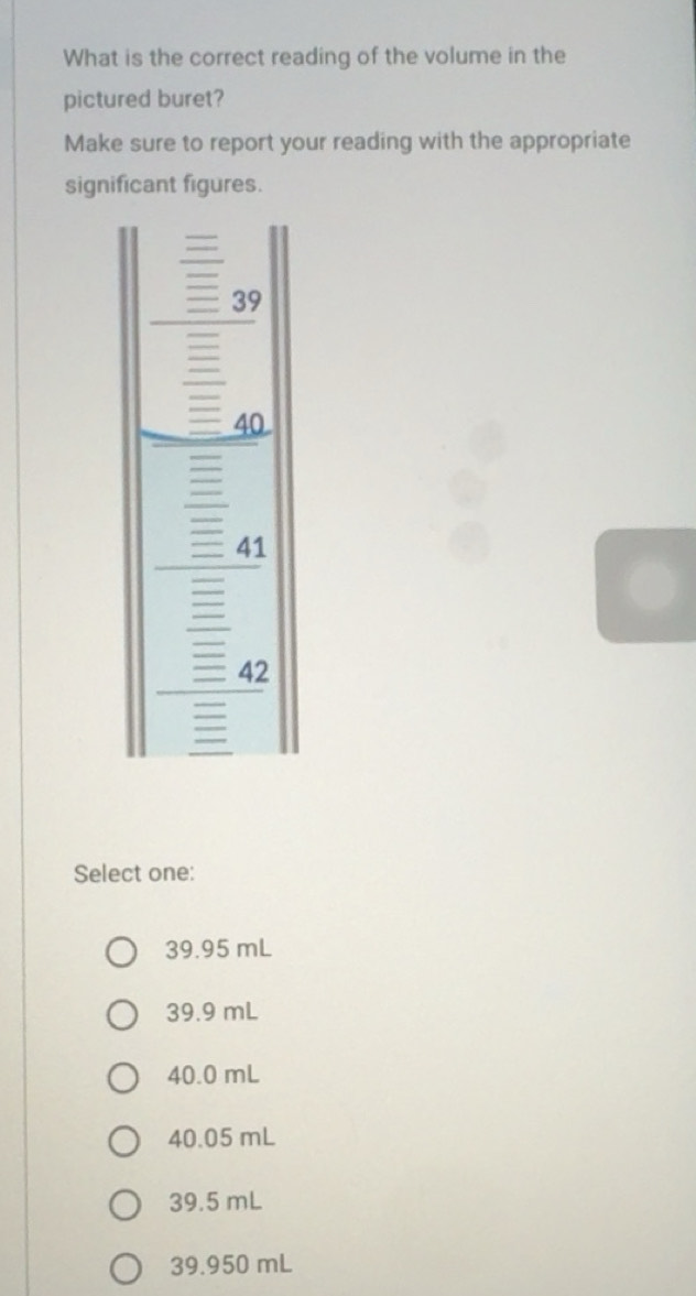 Solved: What is the correct reading of the volume in the pictured buret ...