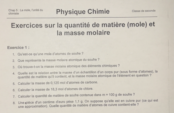 Résolu :Chap 5 : La mole, l'unité du chimiste Physique Chimie Classe de ...