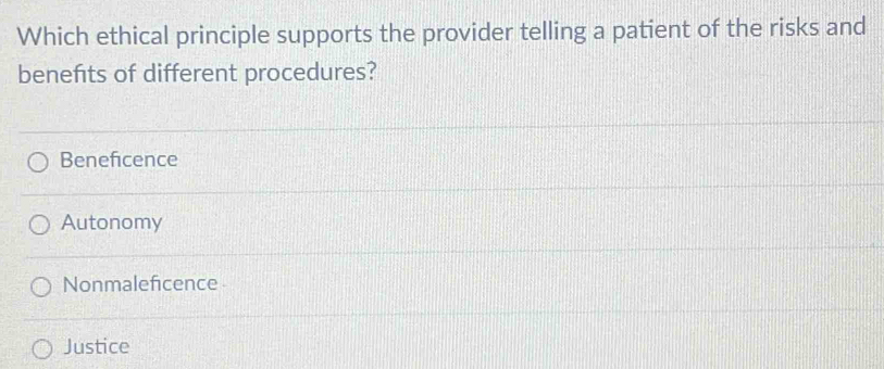 Solved: Which ethical principle supports the provider telling a patient ...