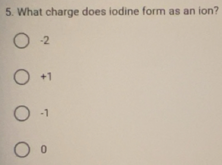 Solved: What charge does iodine form as an ion? -2 +1 -1 0 [Chemistry]