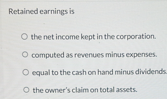 Solved: Retained earnings is the net income kept in the corporation ...