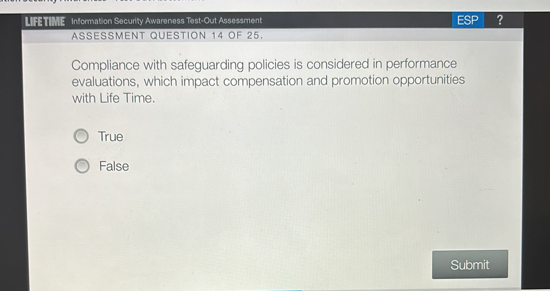 Solved: LIFETIME Information Security Awareness Test-Out Assessment ESP ...