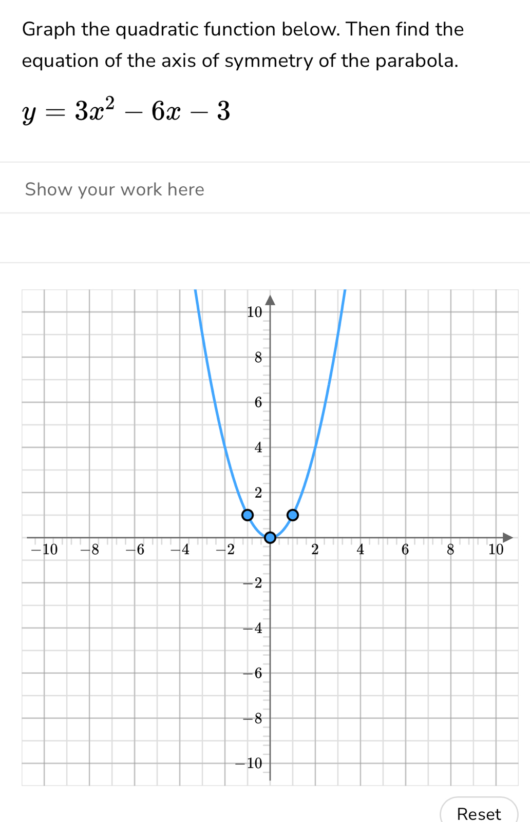 Solved: Graph the quadratic function below. Then find the equation of ...