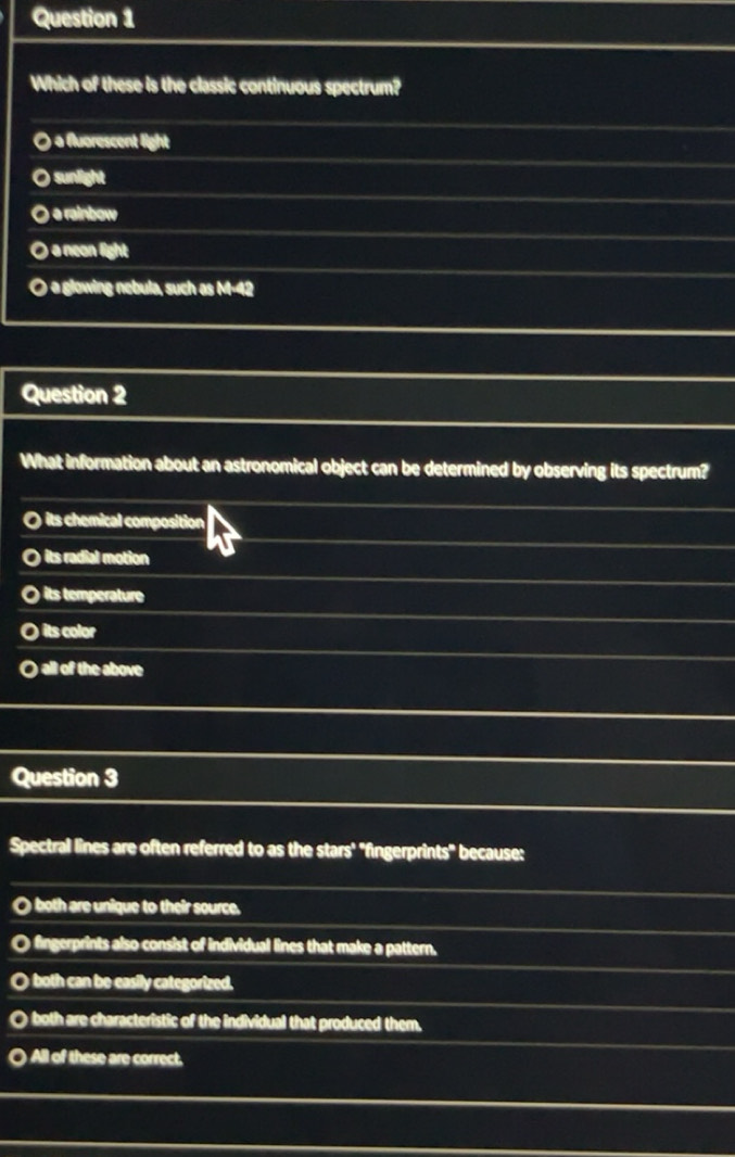 Solved: Which of these is the classic continuous spectrum? O a ...