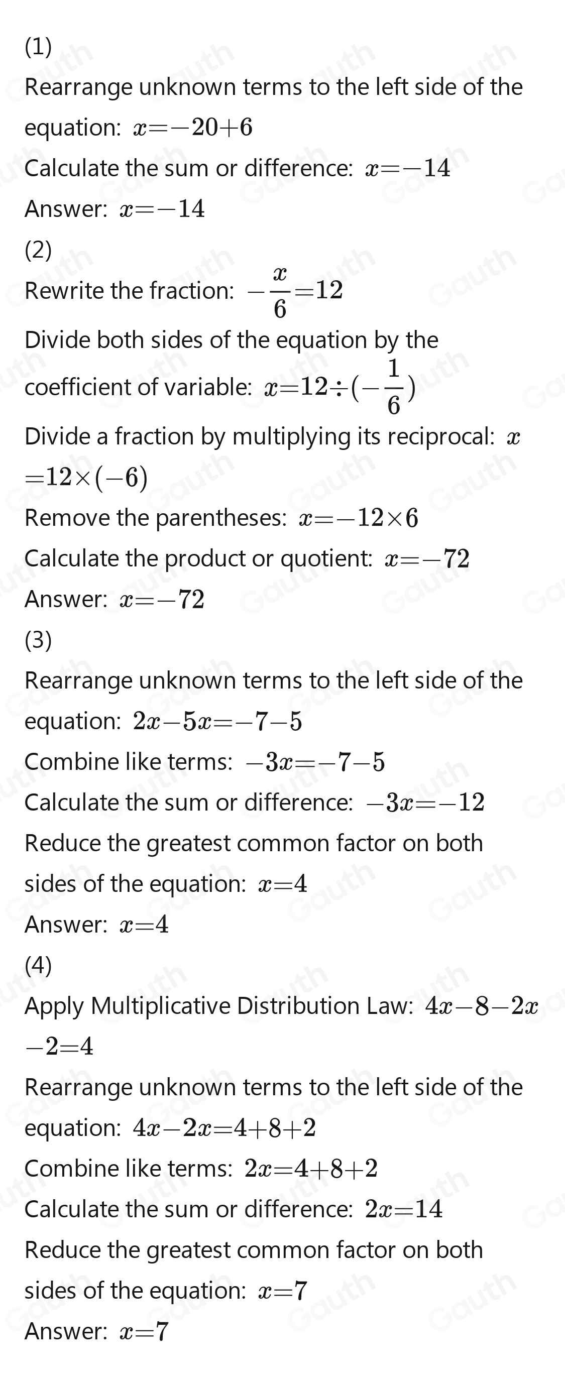 Solved: 7.2 Solve for x: 7.2.1 7.2. x-6=-20 7.2.2 x/-6 =12 7.2.3 2x+5 ...