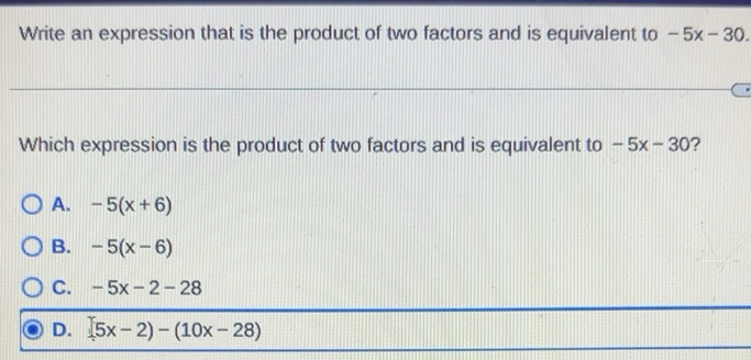 Solved: Write an expression that is the product of two factors and is ...