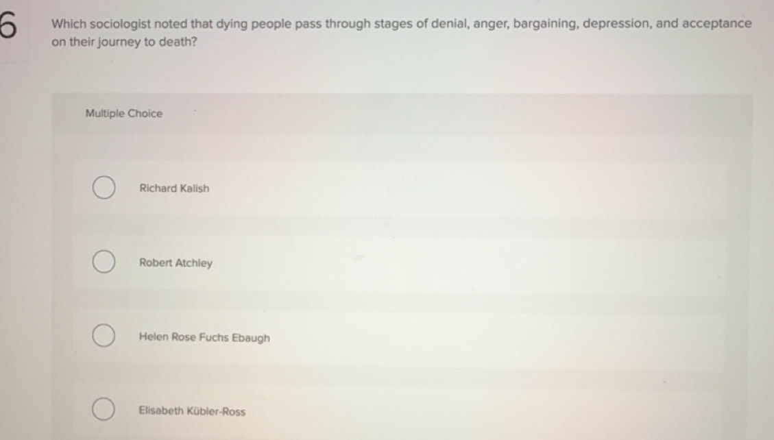 Solved: Which sociologist noted that dying people pass through stages ...