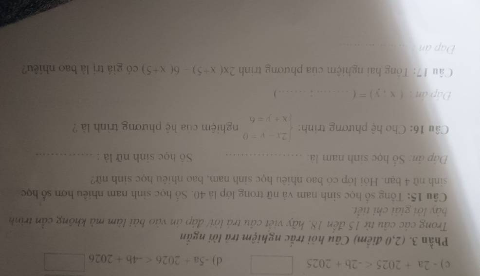 Giải quyết:c ) -2a+2025 d ) -5a+2026 Phần 3. (2,0 điểm) Câu hội trắc ...