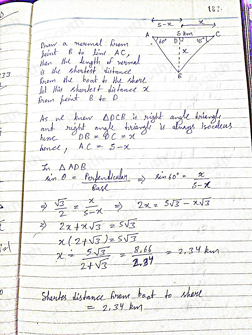 Telah dijawab:14 [AC] is a straight shore line 5 km long. B is a boat ...