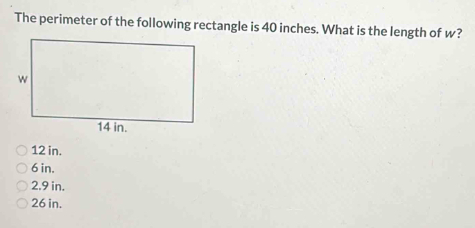 Solved: The perimeter of the following rectangle is 40 inches. What is ...