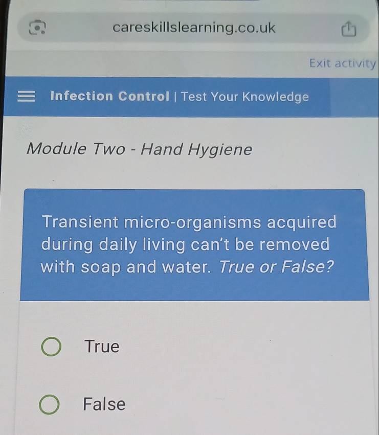Solved: careskillslearning.co.uk Exit activity Infection Control | Test ...