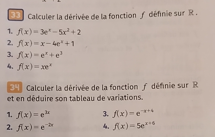 Résolu :Calculer la dérivée de la fonction f définie sur R. 1. f(x)=3e ...