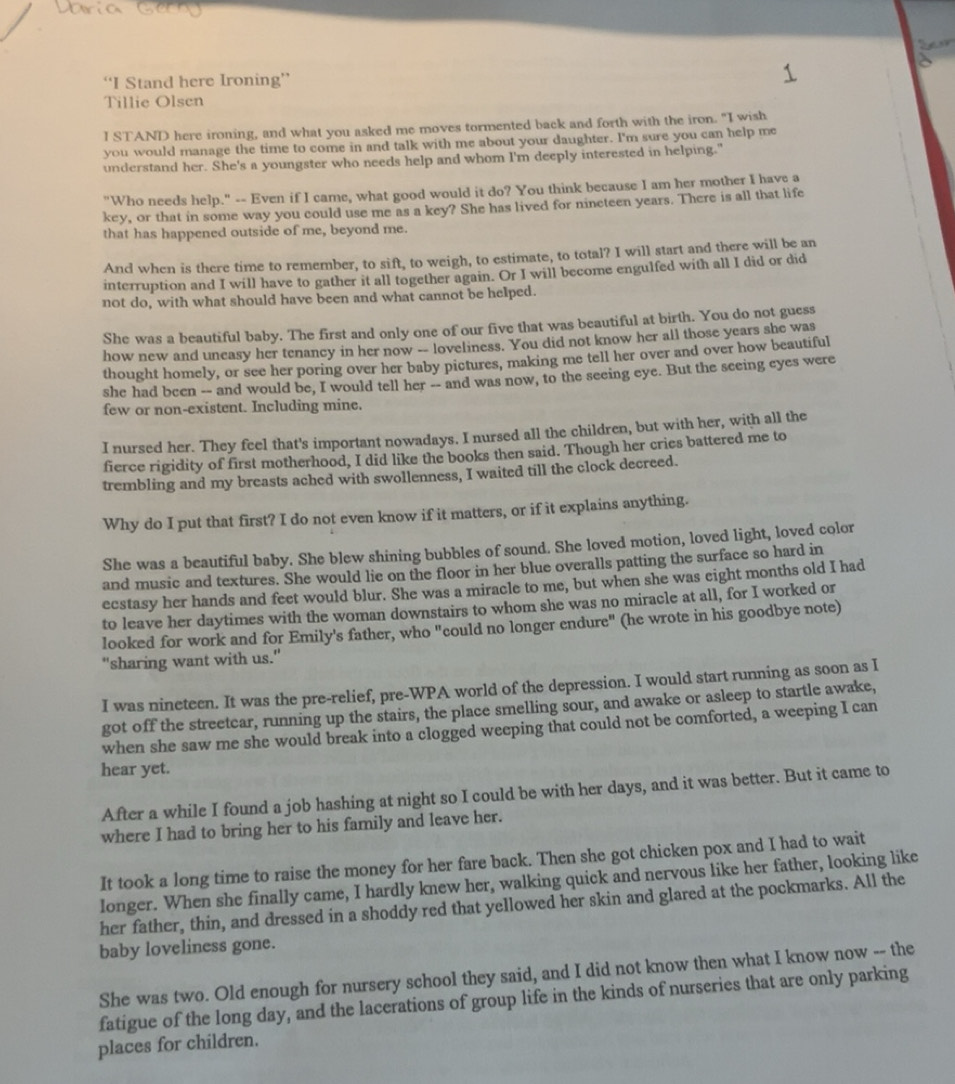 Solved: “I Stand here Ironing” Tillie Olsen I STAND here ironing, and ...