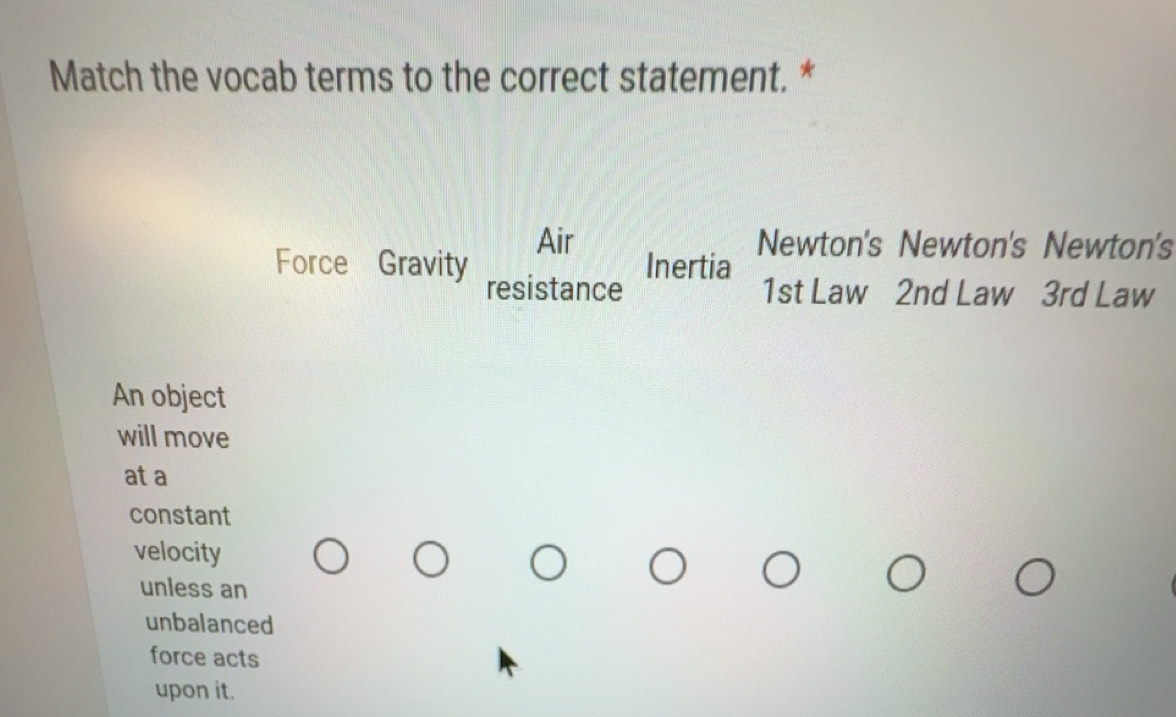 Gelöst:Match the vocab terms to the correct statement. * Air Newton's ...