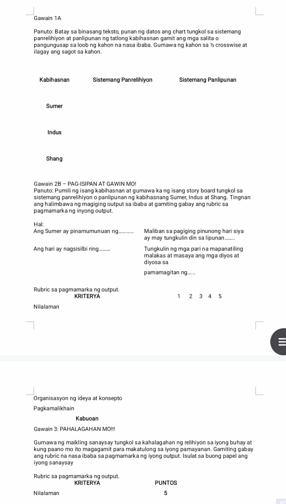 Solved: Gawain 1A Panuto: Batay sa binasang teksto, punan ng datos ang chart tungkol sa ...