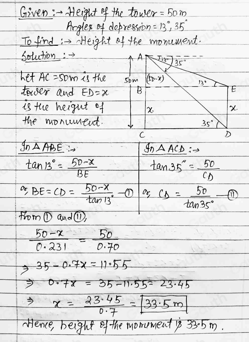 Solved: A PLDT tower and a monument stand on a level plane. The angles ...