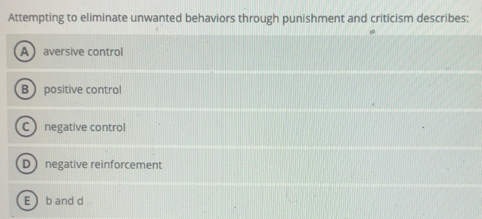 Solved: Attempting to eliminate unwanted behaviors through punishment ...
