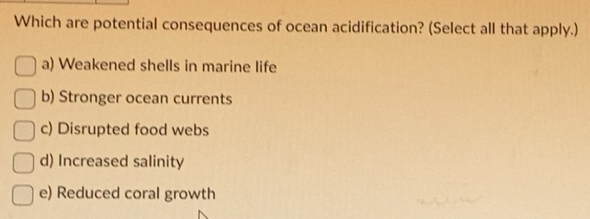 Solved: Which are potential consequences of ocean acidification ...