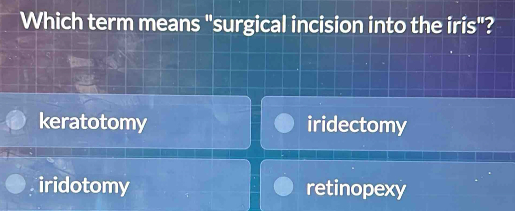 Solved: Which term means "surgical incision into the iris"? keratotomy ...