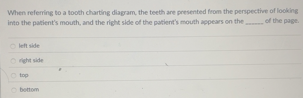 Solved: When referring to a tooth charting diagram, the teeth are ...