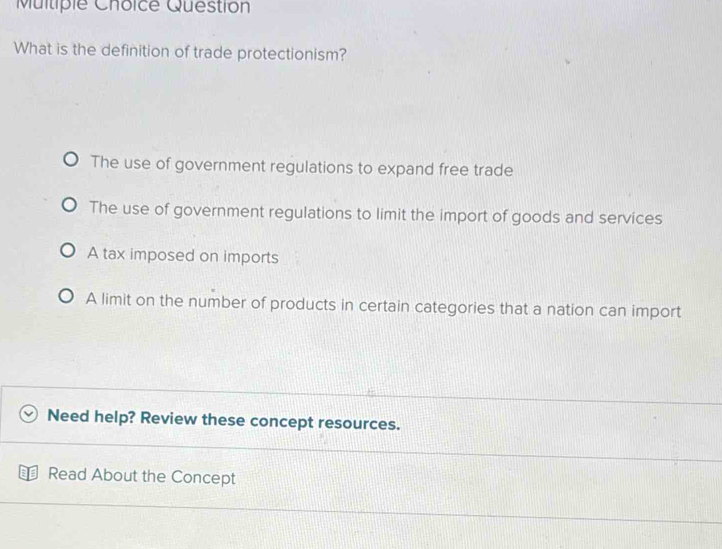 Solved: Question What is the definition of trade protectionism? The use ...