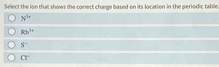 Solved: Select the ion that shows the correct charge based on its location in the periodic table ...