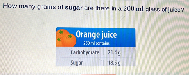 Solved: How many grams of sugar are there in a 200 m1 glass of juice ...