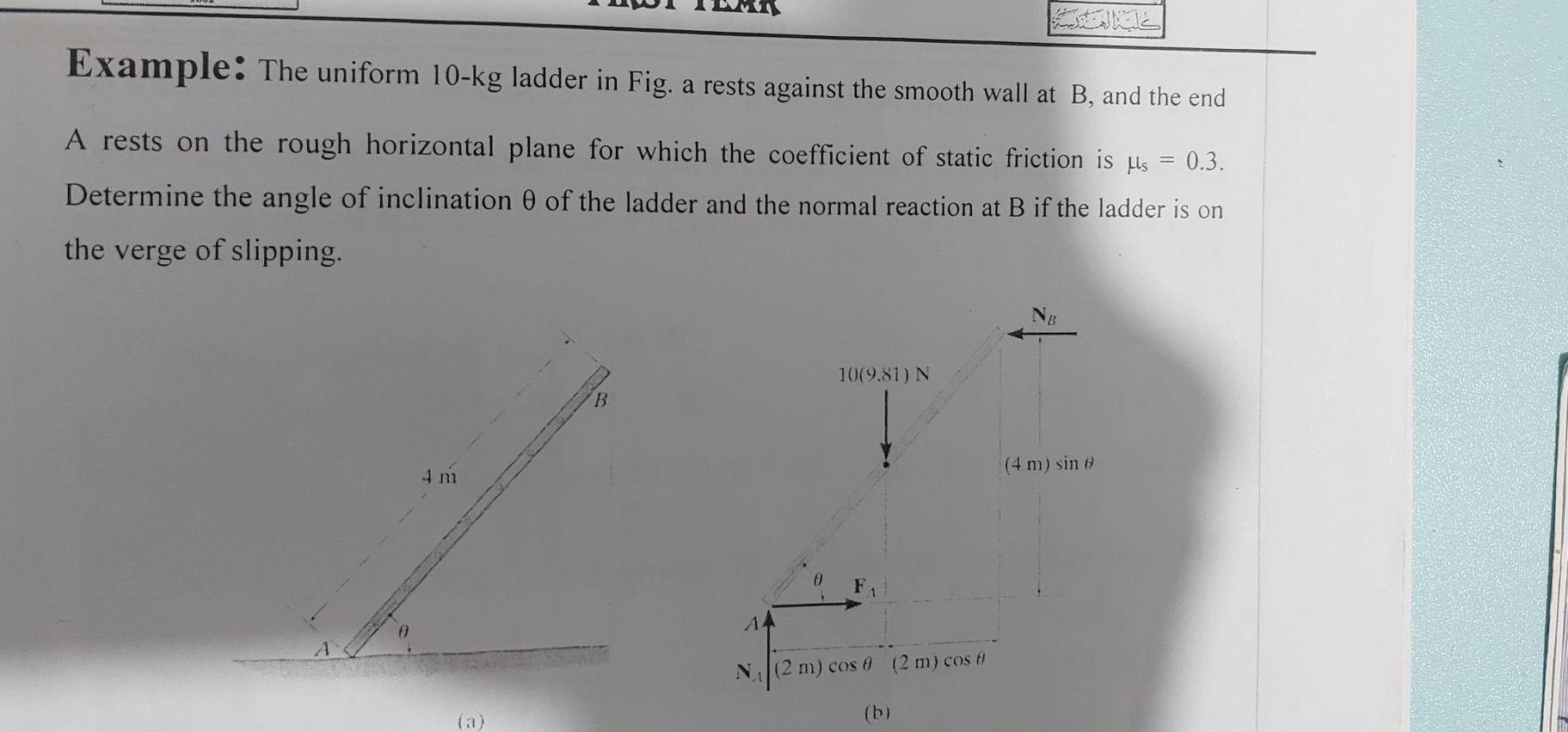 Solved: EMR Example: The uniform 10-kg ladder in Fig. a rests against ...