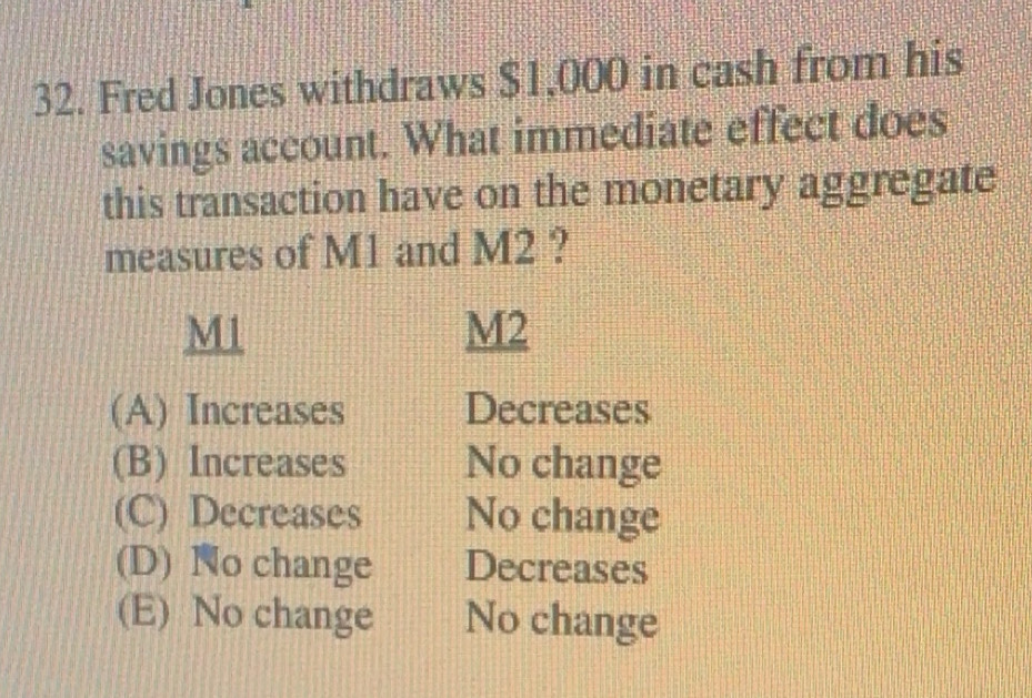 Solved: Fred Jones withdraws $1,000 in cash from his savings account ...
