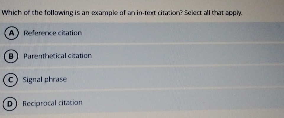 Solved: Which of the following is an example of an in-text citation ...