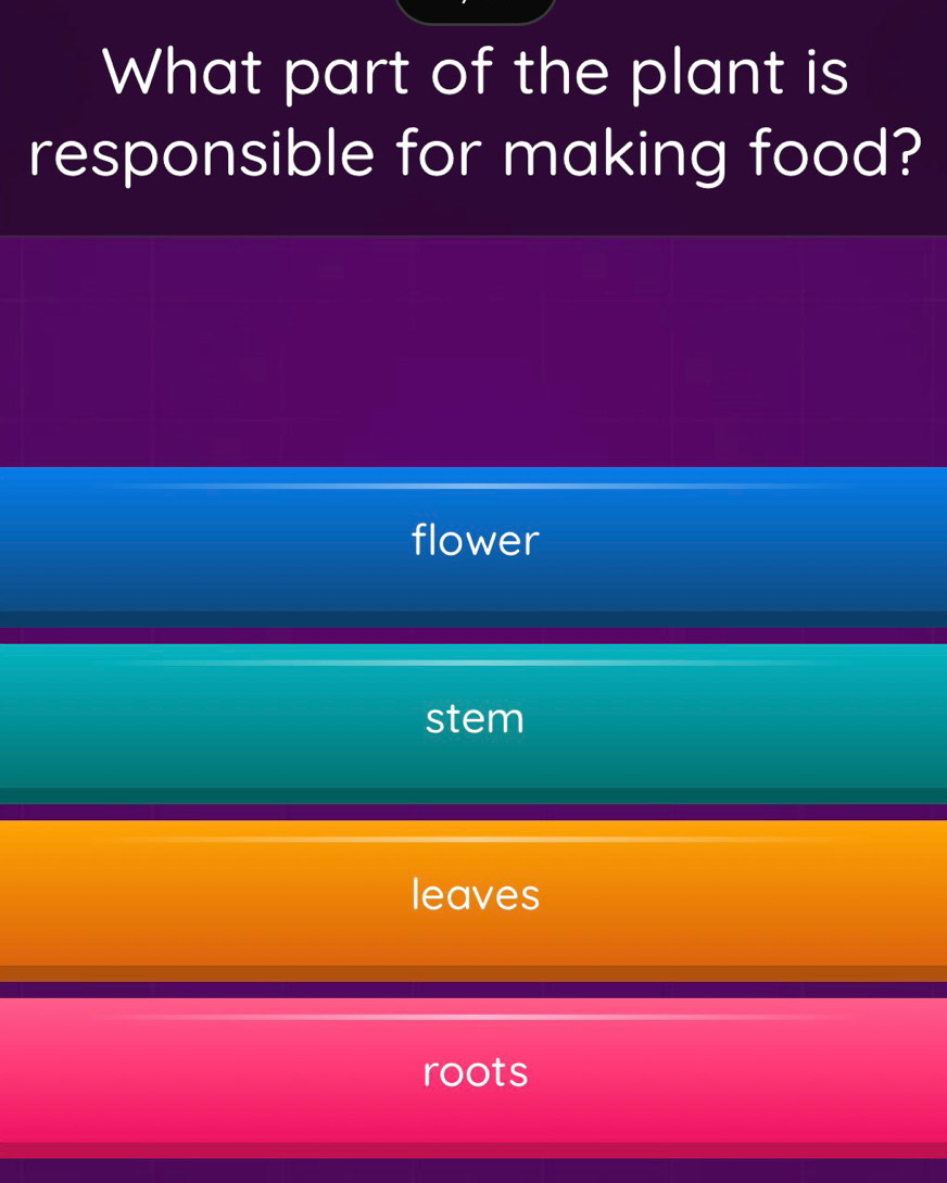 Solved: What part of the plant is responsible for making food? flower ...