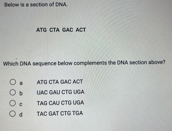 Solved: Below is a section of DNA. ATG CTA GAC ACT Which DNA sequence ...