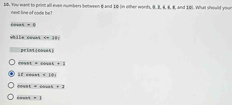 Solved: You want to print all even numbers between 0 and 10 (in other words, 0, 2, 4, 6, 8, and ...
