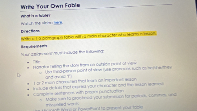 Solved: Write Your Own Fable What is a fable? Watch the video here ...