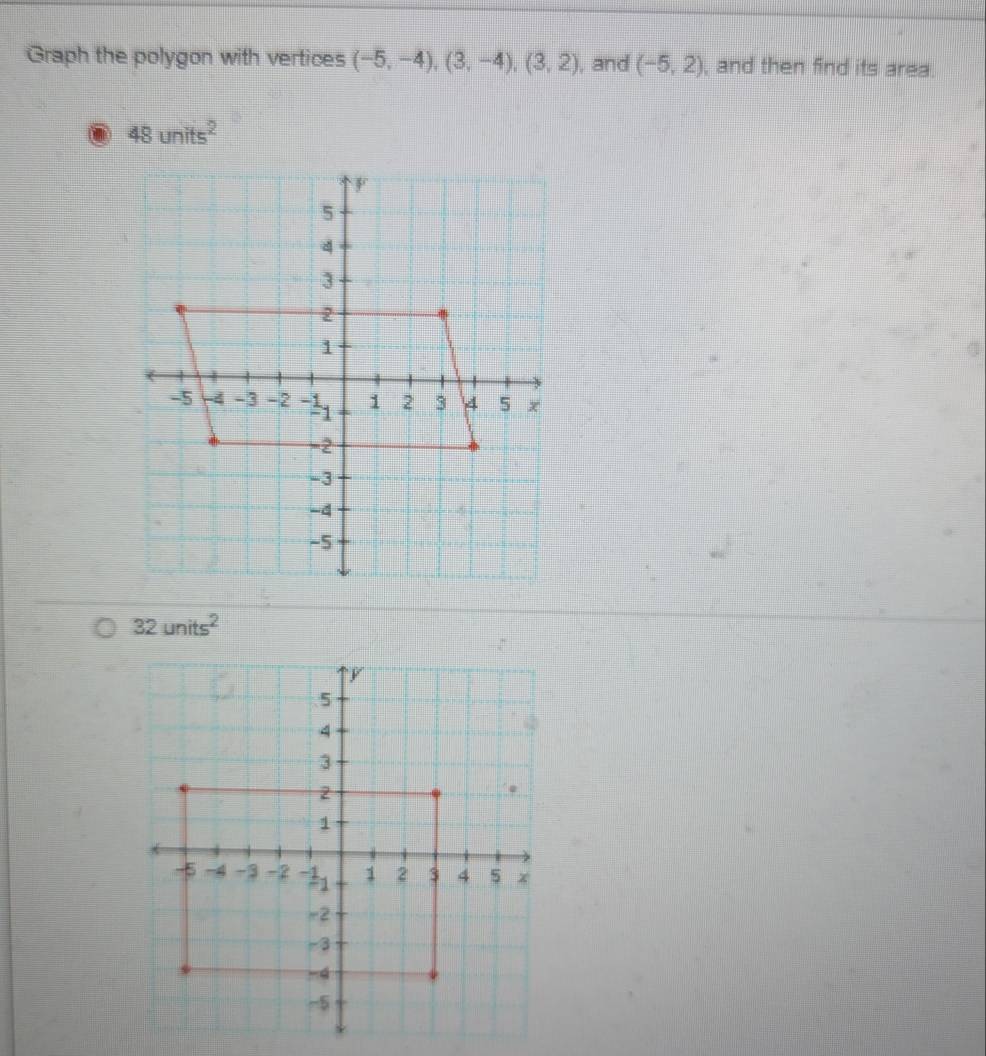 Solved: Graph the polygon with vertices (-5,-4), (3,-4), (3,2) , and ...