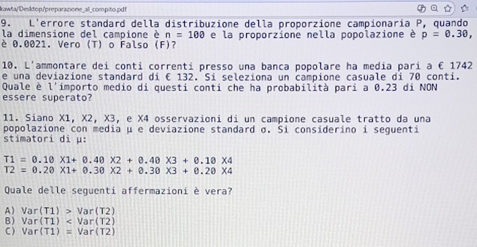 Risolto:kawta/Desktop/preparazione_al_compito.pdf 9. L'errore standard ...