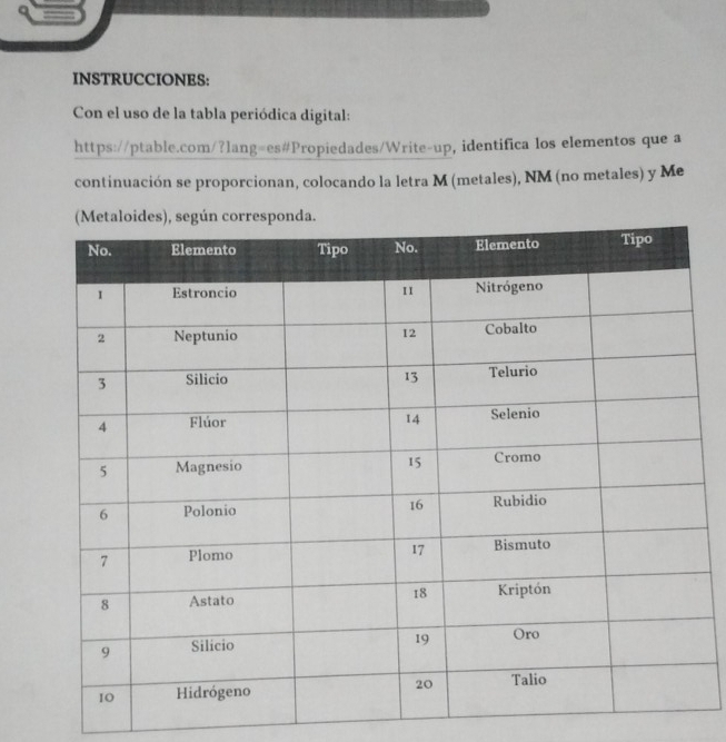 Resuelto:INSTRUCCIONES: Con el uso de la tabla periódica digital: https ...