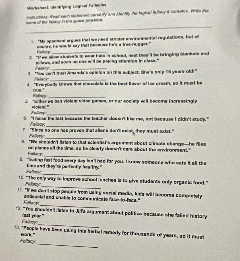 Solved: Worksheet: Identifying Logical Fallacies Instructions: Read ...