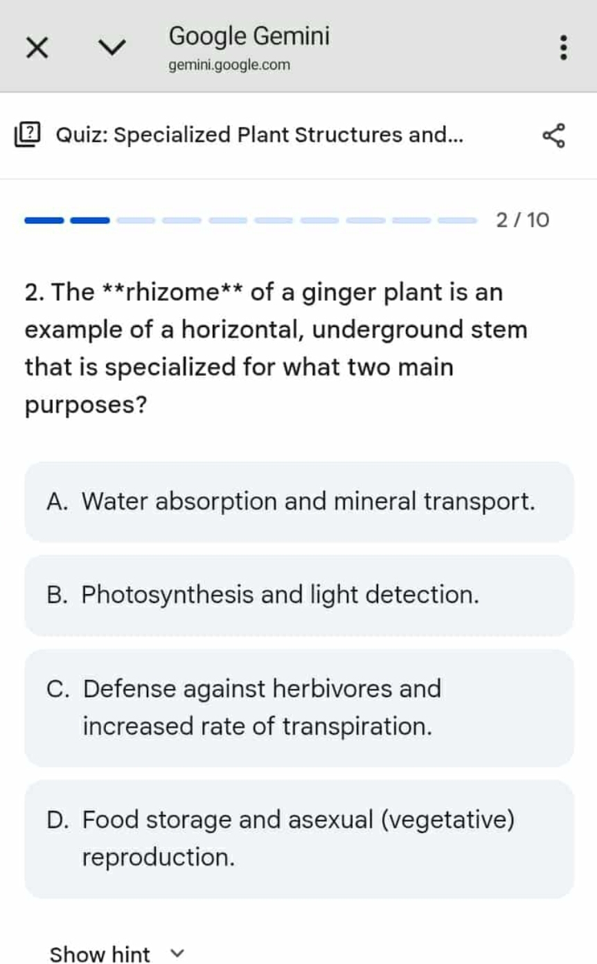 Solved: Google Gemini gemini.google.com ? Quiz: Specialized Plant ...