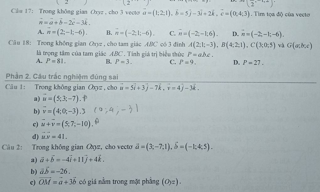 Giải quyết:(2 2 (frac 2,-1,2) Câu 17: Trong không gian Oxyz , cho 3 ...