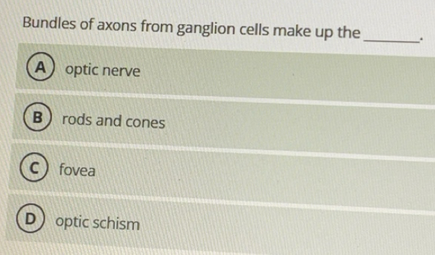 Solved: Bundles of axons from ganglion cells make up the _. Aoptic ...