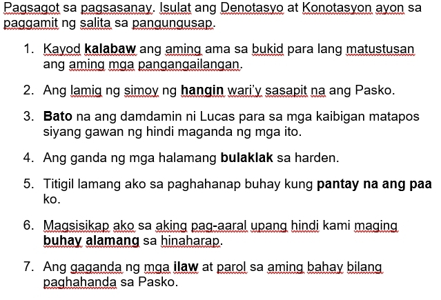 Solved: Pagsagot sa pagsasanay. Isulat ang Denotasyo at Konotasyon ayon ...