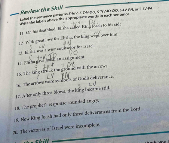 Solved: Review the Skill Label the sentence patterns S-InV, S-TrV-DO, S ...