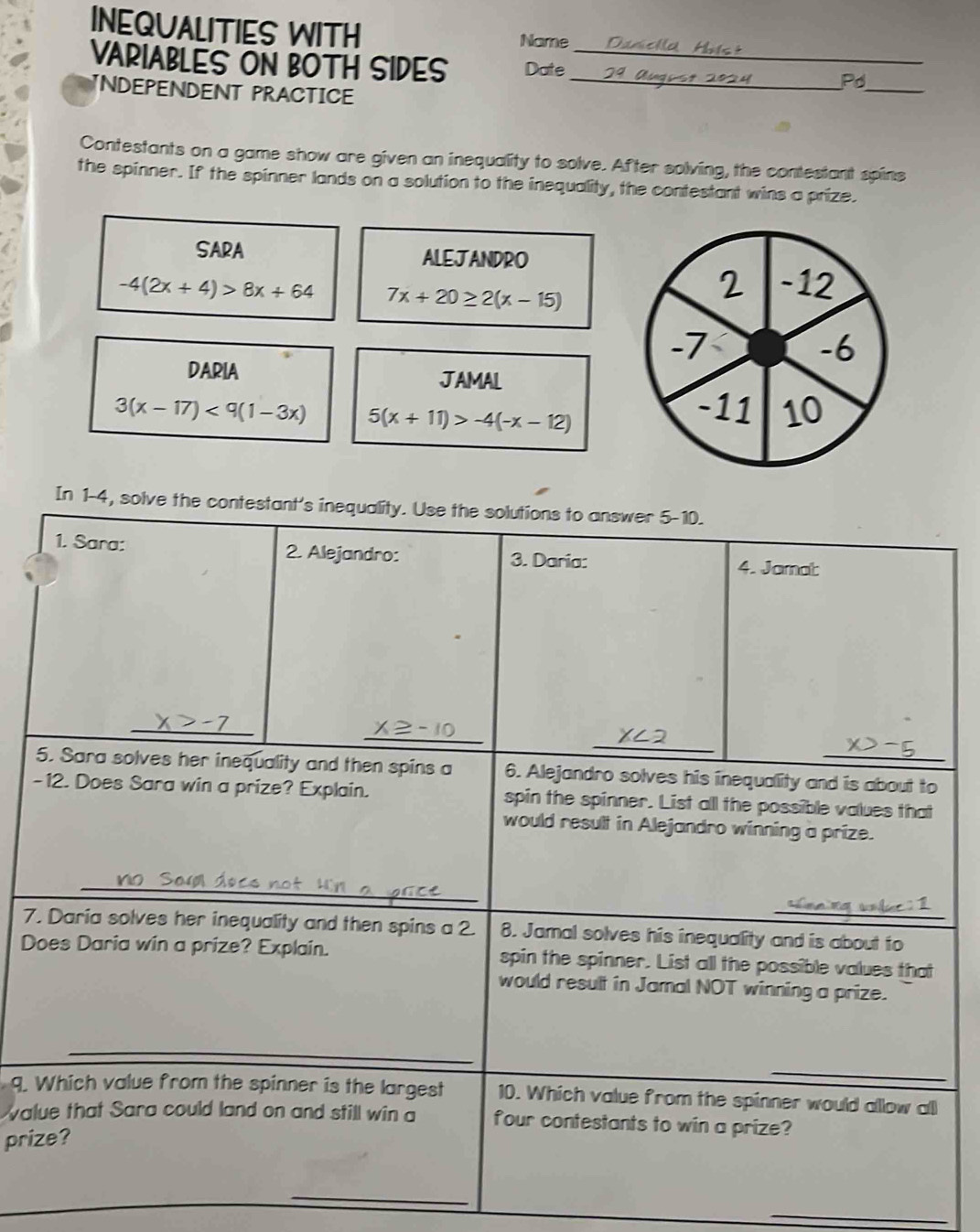 Solved: INEQUALITIES WITH Name _ VARIABLES ON BOTH SIDES Date_ Pd ...