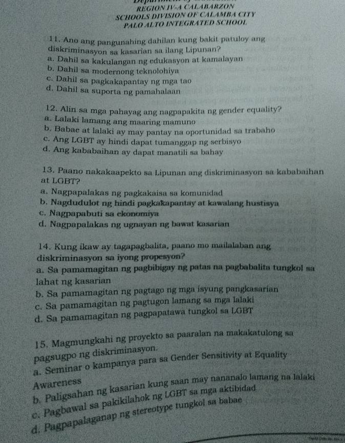 Solved: égion IV-a Calabarzon SCHOOLS DIVISION OF CALAMBA CITY PALO ...