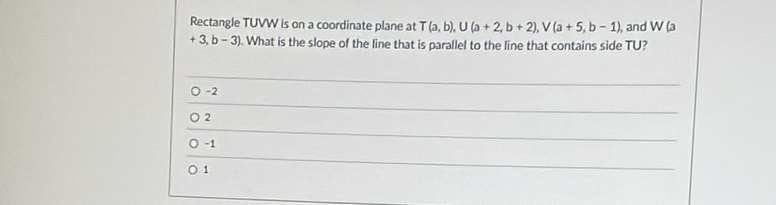 Solved: Rectangle TUVW is on a coordinate plane at T(a,b), U(a+2,b+2 ...