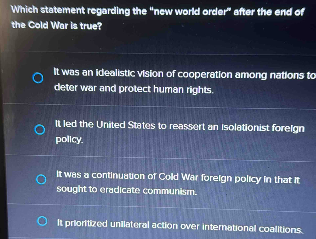 Solved: Which statement regarding the “new world order” after the end ...