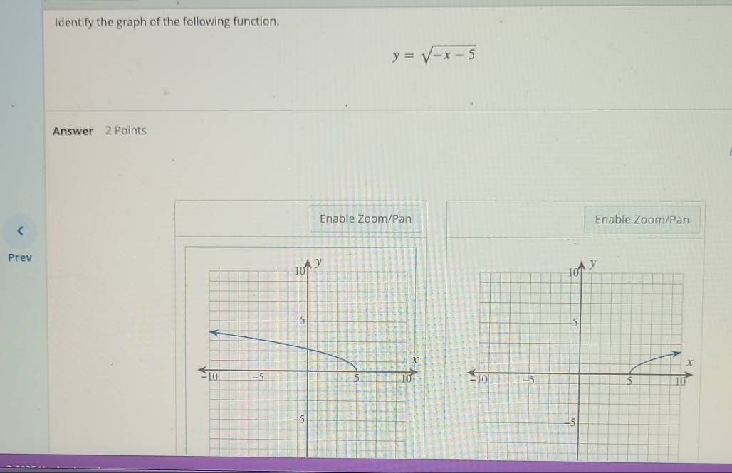 Solved: Identify the graph of the following function. y=sqrt(-x-5 ...
