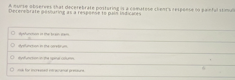 Solved: A nurse observes that decerebrate posturing is a comatose ...