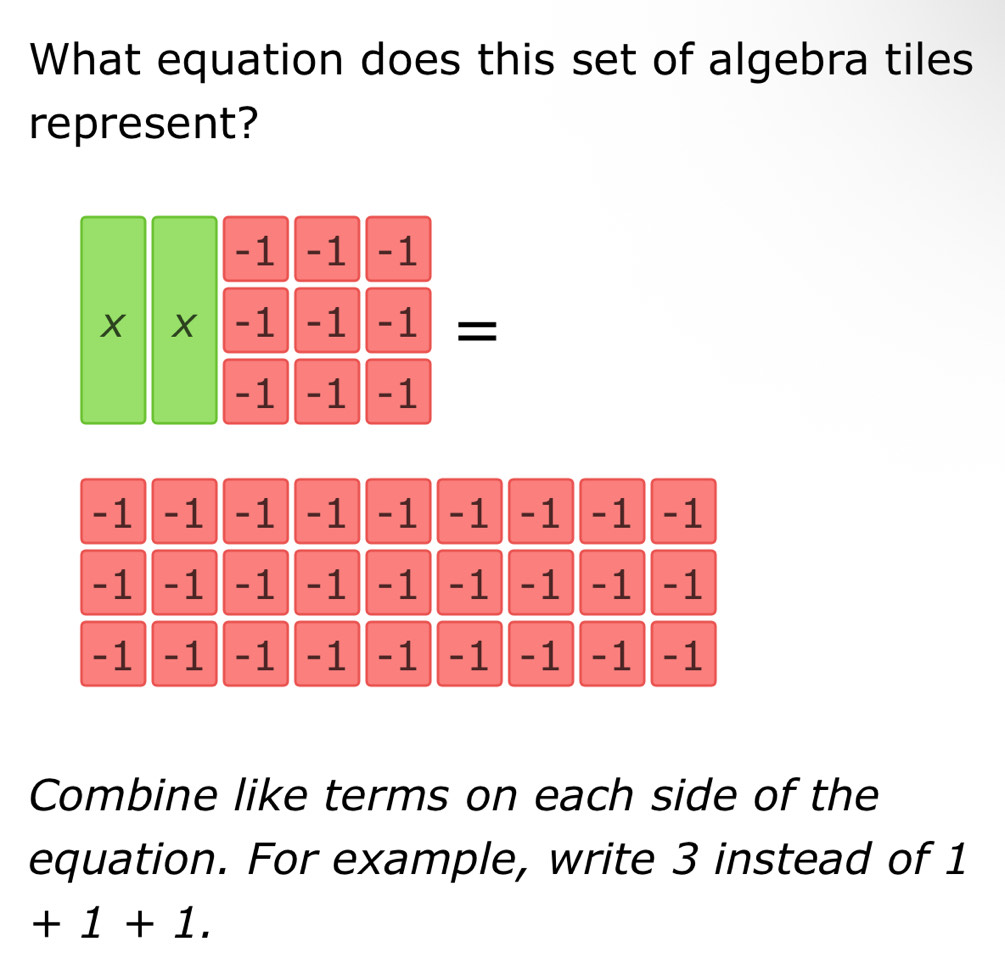 Solved: What equation does this set of algebra tiles represent? -1 -1 ...